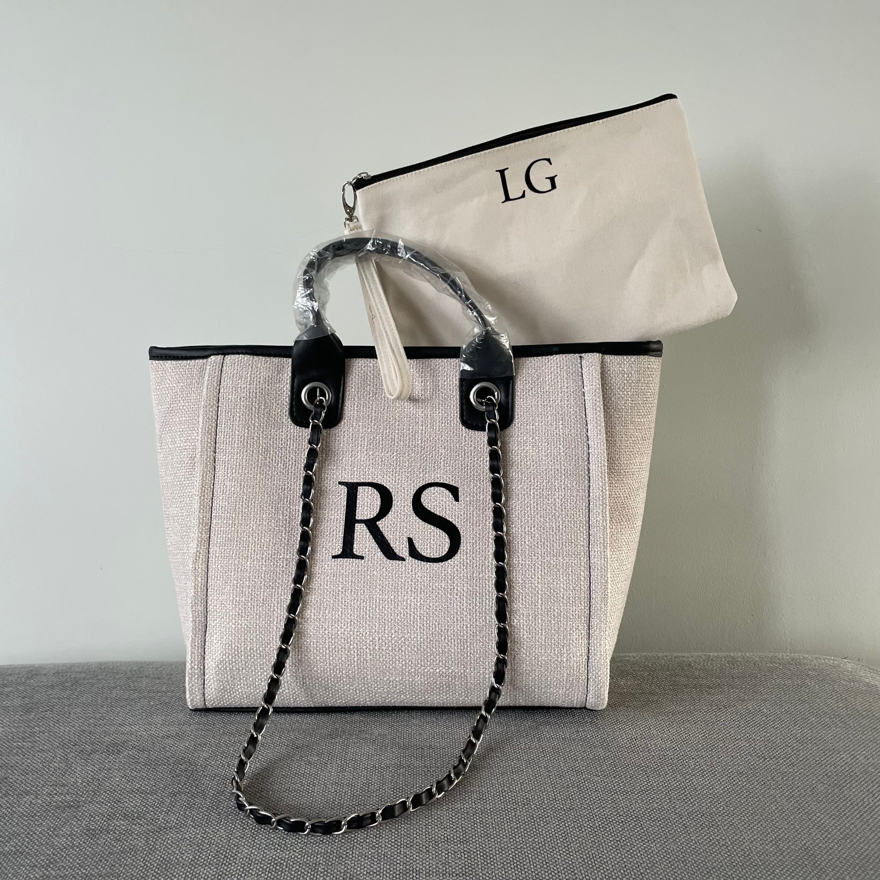 Personalised White & Black Large Chain Initial Tote Bags – Cloth'N'Card