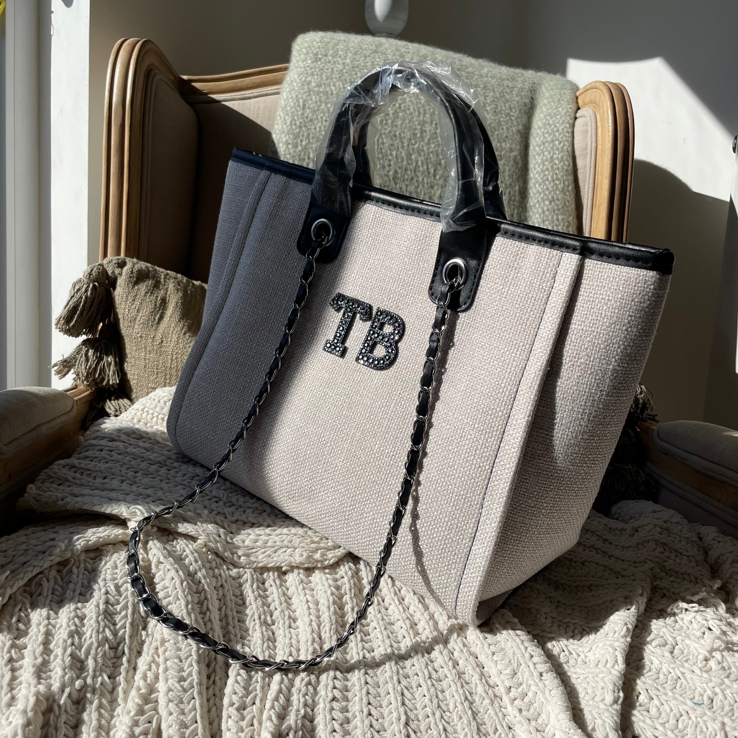 Personalised Matte Black Pearl Patch Chain Large Initial Tote Bags ...